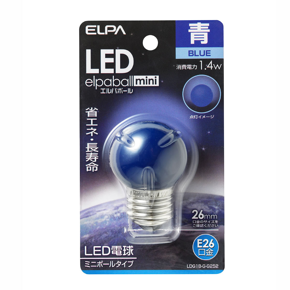 【特徴】●光源にはLEDを使用していますので、消費電力が少ない省エネタイプです。【仕様】■交流電源：100V 50/60Hz共用■口金：E26■サイズ：全長61X外径40(mm)■質量：26g■定格入力電流：0.016A■定格消費電力：1....