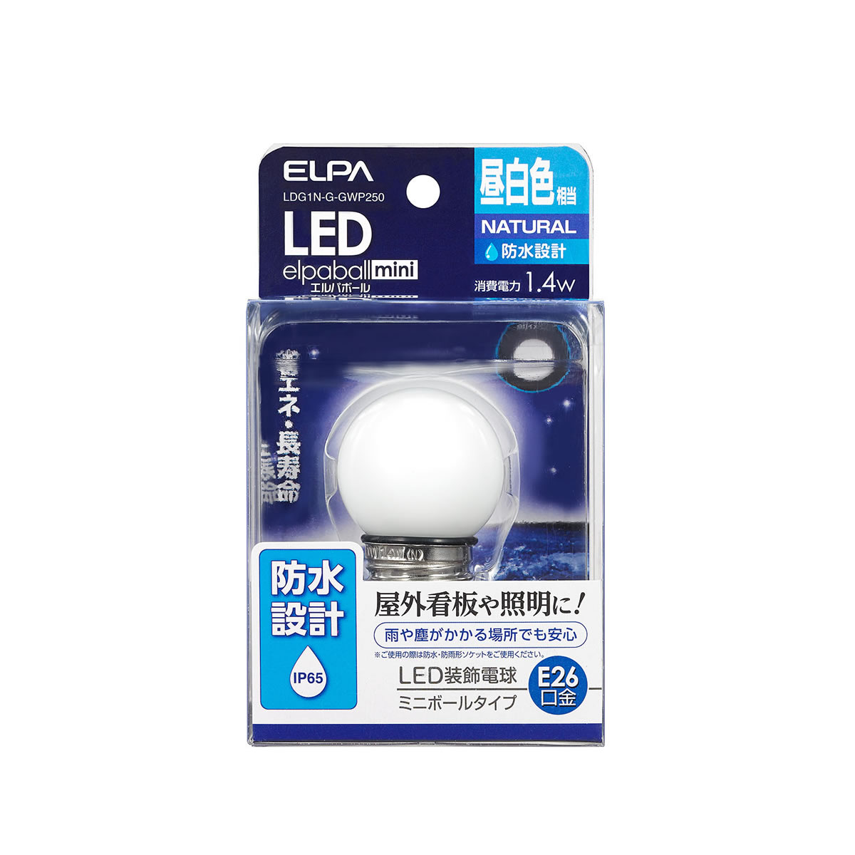 【特徴】●光源にはLEDを使用しているので、消費電力が少ない省エネタイプ●屋内・屋外兼用【仕様】■推奨使用環境温度：0℃〜40℃■サイズ(mm)：全長62×外径40■質量(g)：26■口金：E26■定格入力電流(A)：0.016■定格消費電...