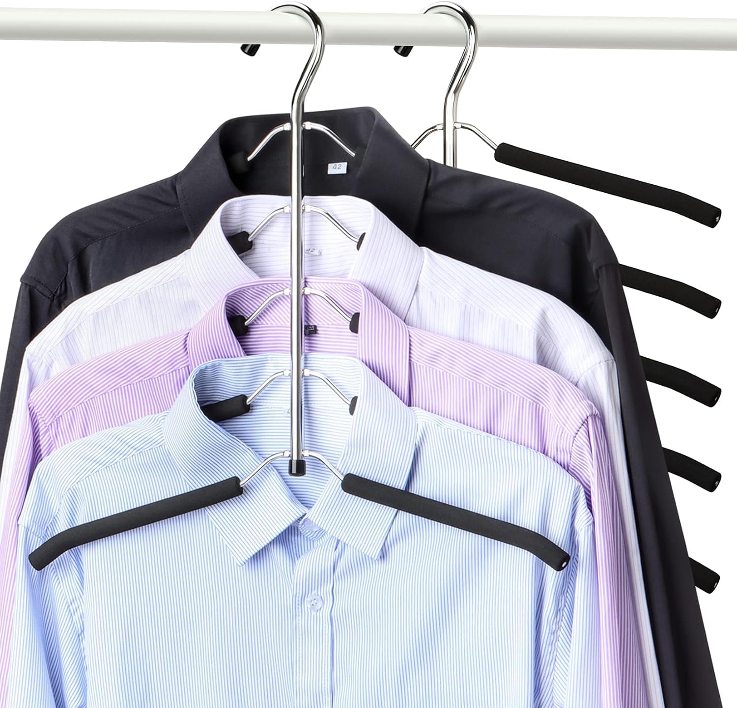 • 【滑らないハンガー】ハンガーの滑り止めEVAバーは厚くて、服を傷つけなくて、服の脱落を防ぎます。このハンガーで服を吊るすと、服にしわがなく、型くずれしません。洋服を畳む代わりに吊るし、洋服のシワが減り、アイロン必要ありません。服の使用前...