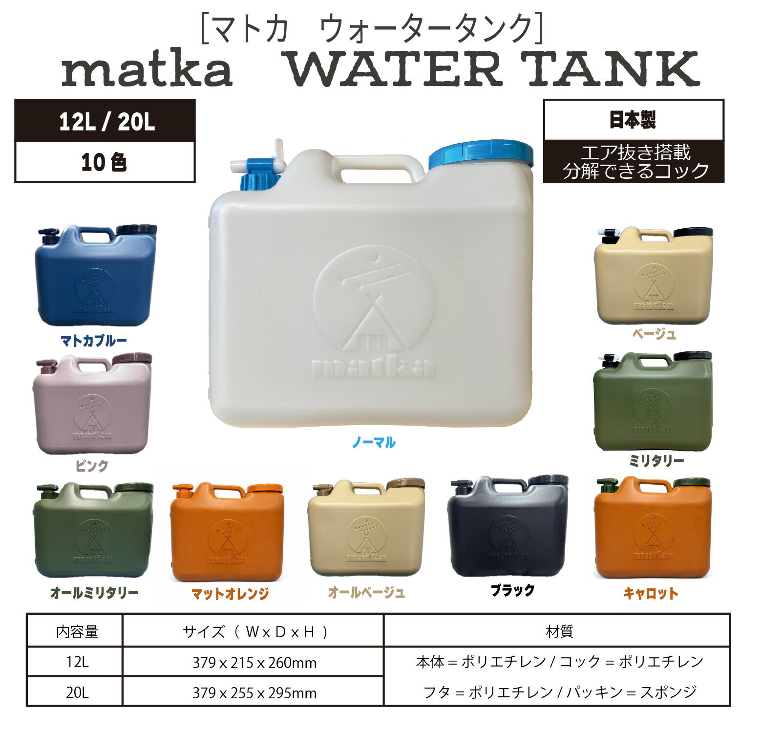 アウトドア、防災時、DIY等さまざまなシーンにお使いいただけます。業界初のエア抜き機能内蔵の分解できるコックでとても衛生的。口径105mmの大キャップで男性の手も入りお手入れ簡単。コックとキャップの凹凸が大きく老若男女問わず開閉しやすい形状...