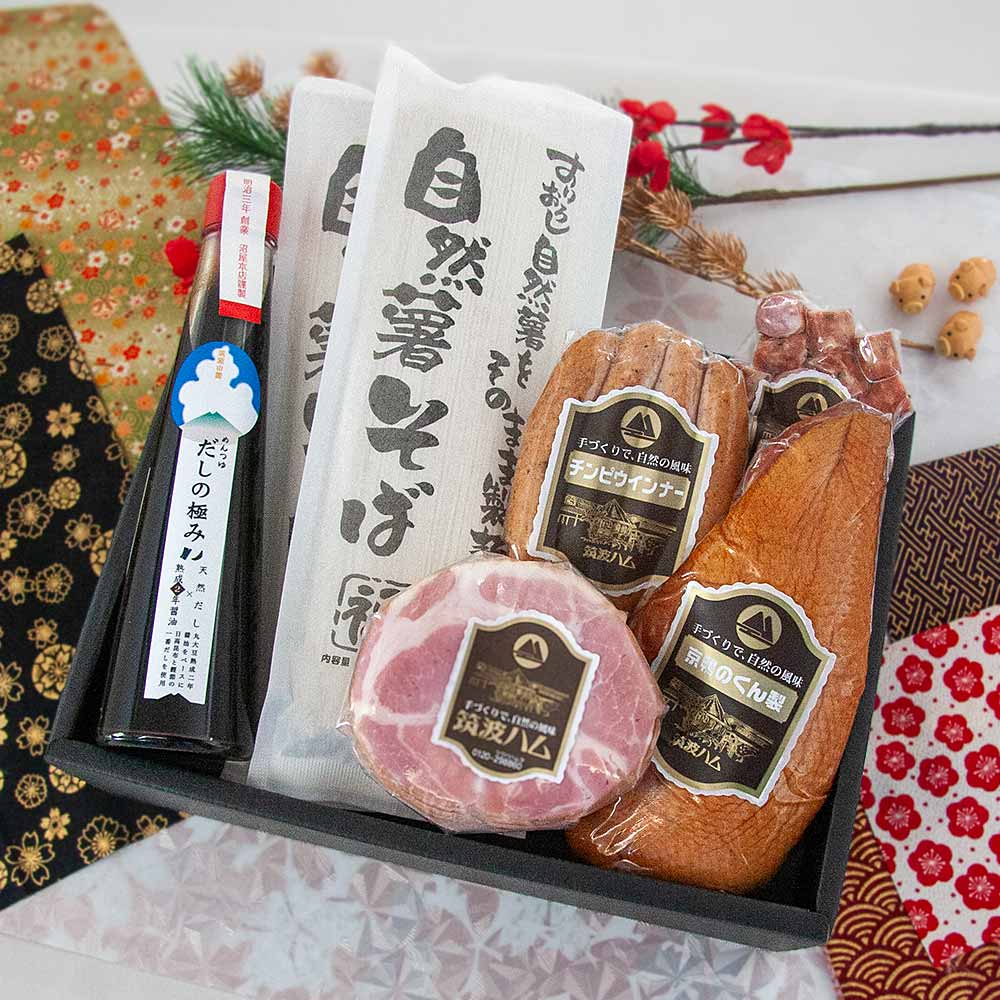 冬の味わい鴨とハムそばギフトセット 商品名 冬の味わい鴨とハムそばギフトセット 原材料産地 筑波ハム商品：国産豚（茨城県産）、国産鴨肉 （京都府産もしくは岡山県産） 自然薯そば：小麦粉（国内製造）、そば粉（国産）、やまのいも（自然薯） 沼屋...