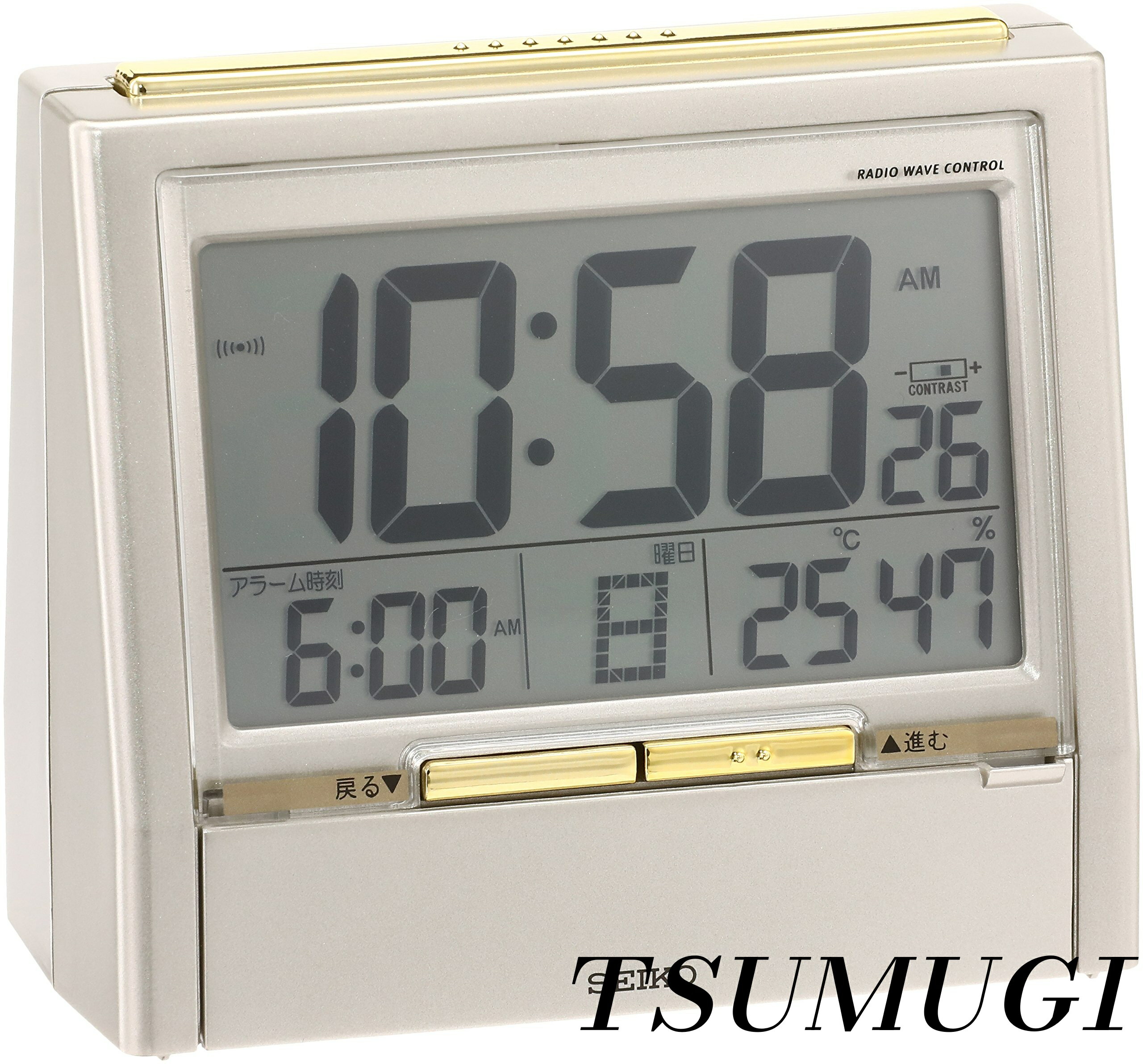 メーカー型番:DA206G本体サイズ:10.8×12.2×6.2cm本体重量:0.33kg素材・材質:プラスチック枠、前面:プラスチック生産国:中国ムーブメント:電波修正機能(40kHz/60kHz自動選局)/電波OFF機能つき音声報時機能...