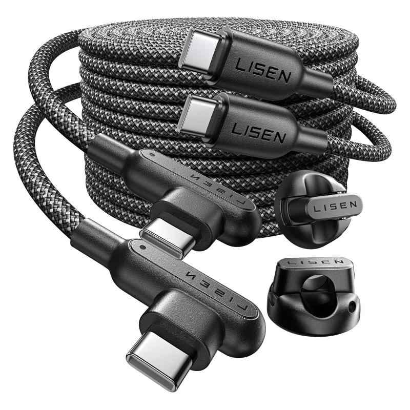 LISNE USB C &amp; USB C ケーブル 急速充電 2m USB PD 100W 2個コードホルダー,充電コード タイプc ケーブル L字 480Mbpsデータ転送 Type-c ナイロン編み ゆーえすびータイプc iPho...