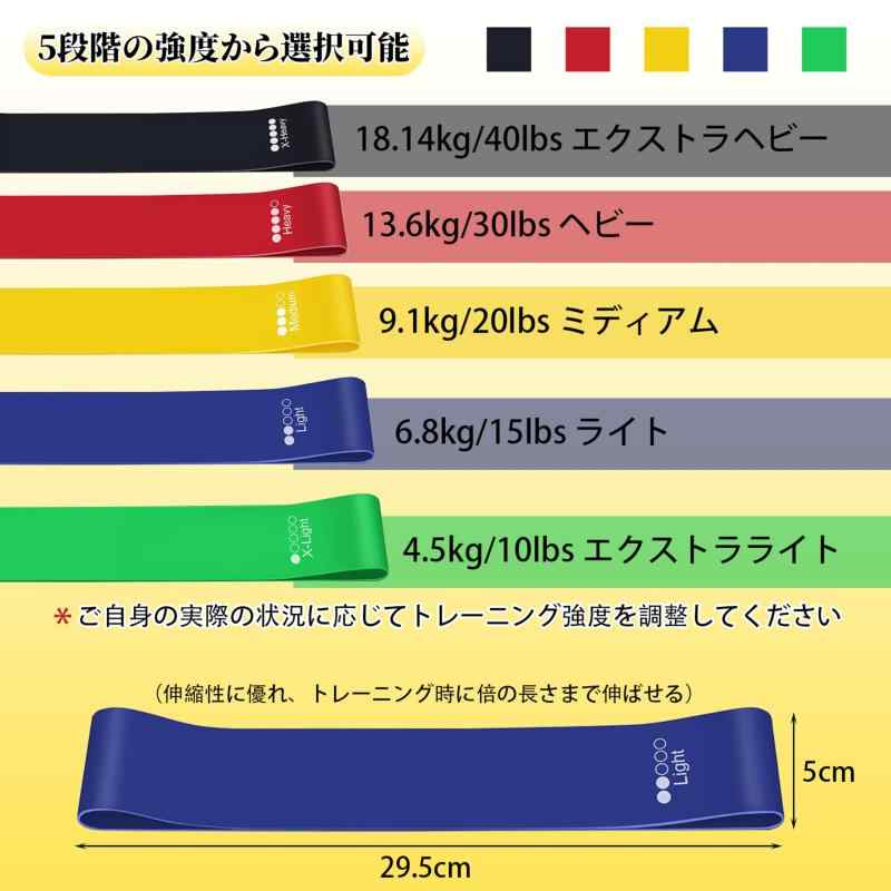 レジスタンスバンド，トレーニングバンド，エクササイズバンド，トレーニングバンド，自宅での運動 トレーニングチューブ，筋力トレーニング／ストレッチ／リハビリ／ダイエット＆ボ5段階の強度調整が可能、多様な運動ニーズに対応：5種類の異なる色のトレ...