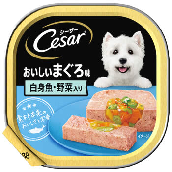 リニューアルに伴いパッケージ・内容等予告なく変更する場合がございます。予めご了承ください。 名　称 シーザートレイ　成犬用　おいしいまぐろ味　白身魚・野菜入り 内容量 100g 特　徴 ◆元気いっぱいの成犬のために、素材や美味しさや、栄養バ...