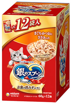 リニューアルに伴いパッケージ・内容等予告なく変更する場合がございます。予めご了承ください。 名　称 銀のスプーン　パウチ　まぐろ・かつおにささみ入り 内容量 60g×12個 特　徴 ◆お魚フレーク100％使用 ◆たっぷりの身とうまみで抜群の...