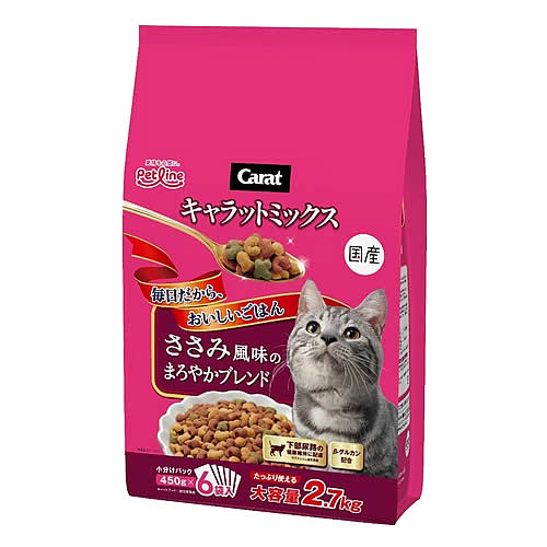 リニューアルに伴いパッケージ・内容等予告なく変更する場合がございます。予めご了承ください。 商品名称 キャラットミックス　ささみ風味のまろやかブレンド 内容量 2.7kg(450g×6) 特徴 ◆毎日の食事を、すべての猫ちゃんに喜んでもらえ...