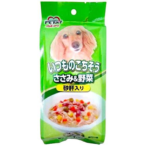 リニューアルに伴いパッケージ・内容等予告なく変更する場合がございます。予めご了承ください。 名　称 いつものごちそう　ささみ＆野菜　砂肝入り 内容量 80g×3パック 特　徴 鶏ささみに4種類の緑黄色野菜を加え愛犬の大好きな砂肝をトッピング...