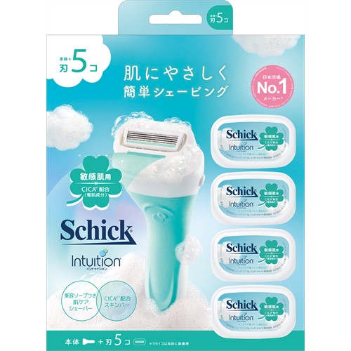 リニューアルに伴いパッケージ・内容等予告なく変更する場合がございます。予めご了承ください。 商品名称 シック　イントゥイション 敏感肌 コンボパック(本体+刃5コ)　女性用カミソリ Schick 内容量 刃付き＋替刃4コ 特徴 ◆ボディソー...
