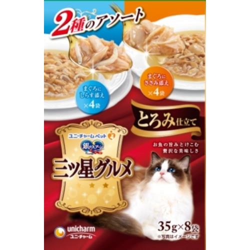 リニューアルに伴いパッケージ・内容等予告なく変更する場合がございます。予めご了承ください。 &nbsp; 商品名称 ユニ・チャームペットケア 銀のスプーン　三ツ星グルメ　パウチ　とろみ仕立て　まぐろにしらす添え&amp;まぐろにささみ添え3...