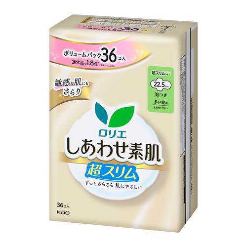 リニューアルに伴いパッケージ・内容等予告なく変更する場合がございます。予めご了承ください。 商品名称 ロリエ　しあわせ素肌　ボリュームパック　超スリム　多い昼用　22.5cm　羽つき 内容量 36個 特　徴 ボリュームパック36コ入 お徳な...