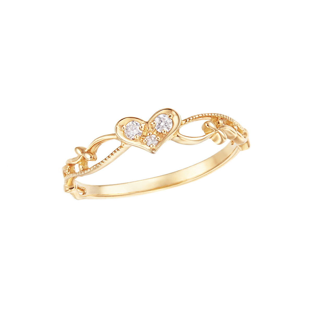 アーム部分が繊細な蔦のようになっているハートモチーフリング。一味変わったキュートなデザインでみんなの視線も釘付けに。地金素材：K10YG使用宝石：ダイヤモンド幅：約1.5〜3.5mm※こちらのリングは【筆記体】での刻印は出来かねます。予めご...
