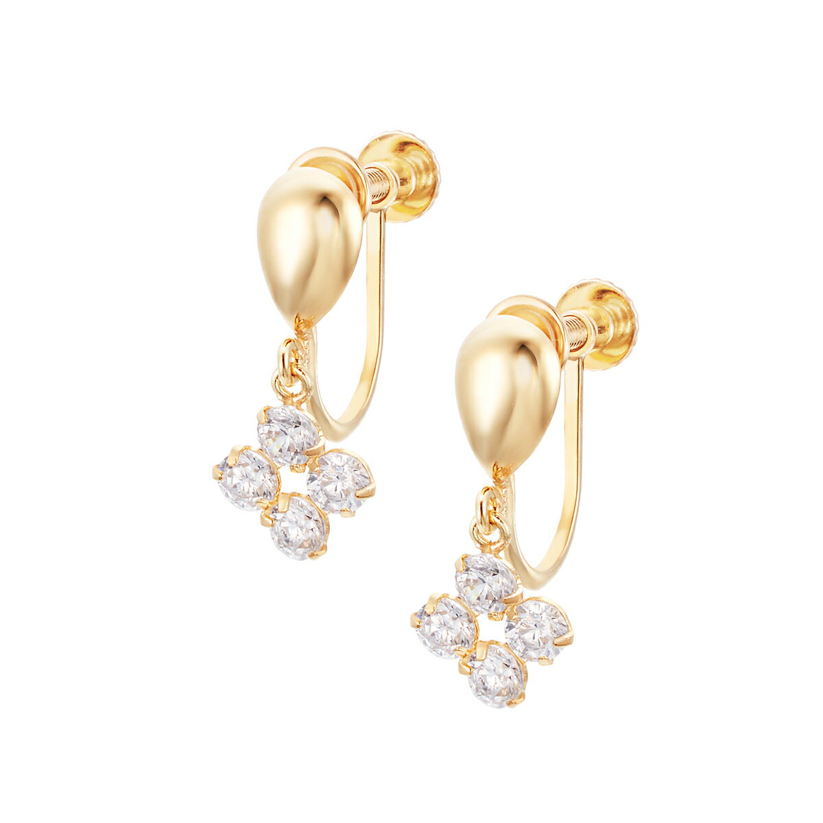 キュービックのフラワーがキュートなゴールドイヤリング。ぷっくりとしたゴールドパーツもポイントのひとつ。ワンピースのようなロマンティックなコーディネートに合わせるのがおすすめです。地金素材：K10YG使用宝石：キュービック大きさ（縦×横）：約...