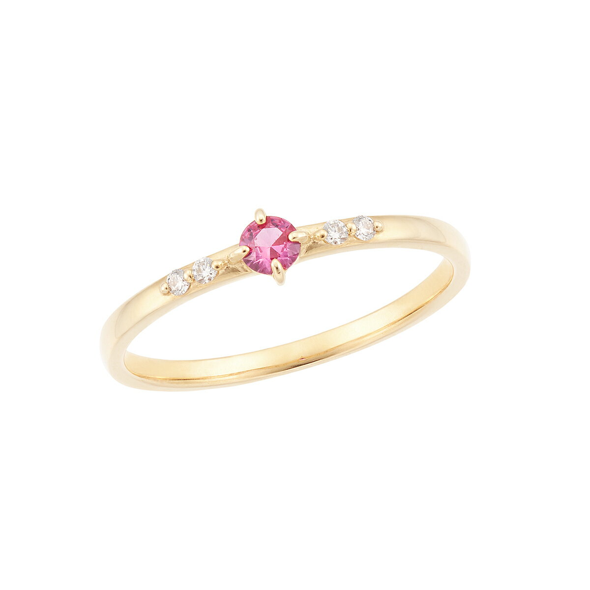 ストーンは小ぶりでもルビーの華やかなカラーで、存在感抜群の華奢リング。そのカラーを際立たたせるために、シンプルなデザインにしました。コーディネートのアクセントとして、プラスするのもおすすめです。地金素材：K10YG使用宝石：ルビー・ダイヤモ...