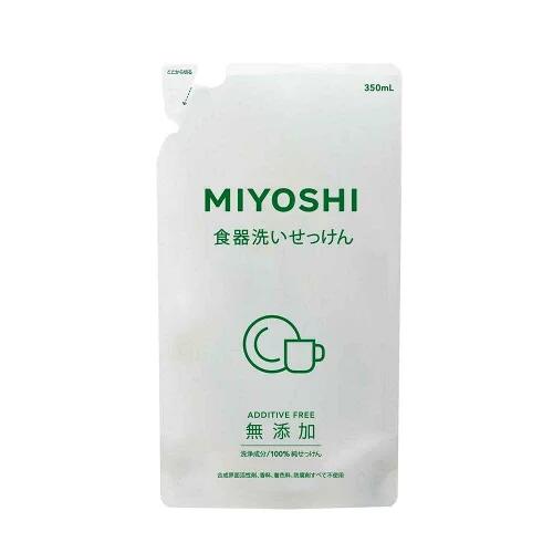 ミヨシ 無添加 食器洗いせっけん スタンディング つめかえ用 350ml(無添加石鹸) ブランド：ミヨシ 無添加せっけん 販売・製造元：ミヨシ石鹸 植物油を主原料にし、洗浄力は100%純せっけんの食器用洗剤です。 こまかい泡の力で、食器の汚...