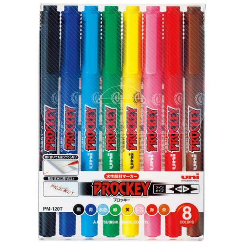 プロッキー PM120T8CN 8色　三菱鉛筆品番【PM120T8CN】 jtx369545 JAN4902778124130【商品仕様】 ●インク種類：水性顔料インク●本体長[mm]：145●軸寸法（径）[mm]：13●筆記線幅[mm]：...