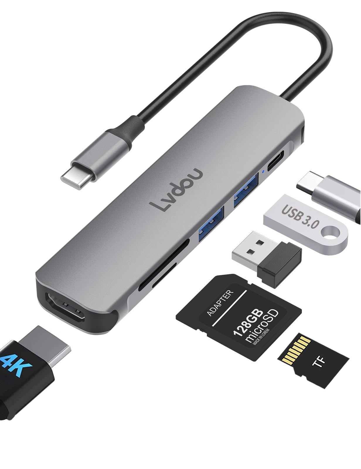 商品の特徴『6in1 typec ハブ』:HDMI(4K 60z)ポート*1+USB3.0/USB2.0ポート*1+急速 PD充電ポート(最大100Wまで急速充電)*1+SD&amp;TF カードスロット(最大速度480mbps)*1が搭載...