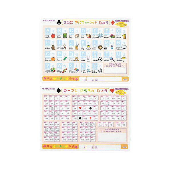 特徴 えんぴつ・クレヨンで、直接下敷きに何度でも書いて消せるお勉強下敷き。 ひらがな・カタカナ/かけざん/ローマ字・アルファベット 各3種 182×252mm 本体×1 42g 塩ビ PP袋 182×252mm 仕様 入数 1個 78615