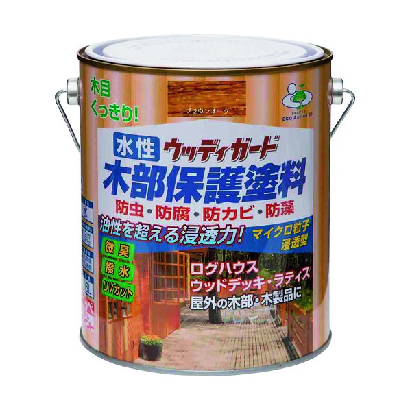 商品画像はイメージ画像です。実際とは異なる場合がございます。 特徴 ●特徴: マイクロ粒子浸透型の新しい水性木部保護塗料です。 木材に浸透して内部から木の腐食を防ぎます防虫・防腐・防力ビ・防藻効果に優れています。 耐候性に優れたマイクロ粒子...