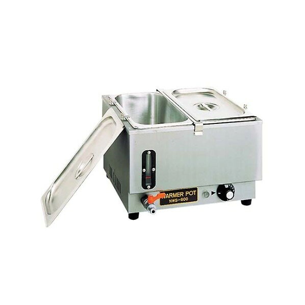 特徴 ■特徴 ●空炊き防止装置付(バイメタル110℃・水位計付) ●収容ホテルパン1／3×2 ■仕様 ●外寸：422×350×H250mm ●容量：6L×2 ●温度調節：30〜90℃ サーモ可変式 ●消費電力：850W ●電源：単相100V...