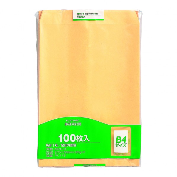 特徴 B4サイズに最適なクラフト封筒です。 ビジネスにもパーソナルにもご利用いただける安心のスタンダードタイプ。 郵便枠印刷なし。 裏面センター貼り。 仕様 サイズ 270×382mm(角形1号) 入数 1P． PK118
