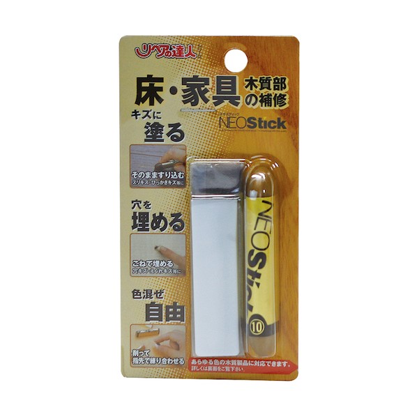 特徴 家具やフローリング、ドア、柱、建具など木製品のキズ補修に。 塗る、埋めるでカンタン補修。 指先で練り合わせて、色混ぜが簡単。 補修部の肉痩せや変色が無く、耐久性バツグン。 ネオスティック同士の色混ぜができ、補修部の色に合わせて補修が可...