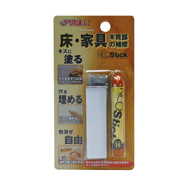 特徴 家具やフローリング、ドア、柱、建具など木製品のキズ補修に。 塗る、埋めるでカンタン補修。 指先で練り合わせて、色混ぜが簡単。 補修部の肉痩せや変色が無く、耐久性バツグン。 ネオスティック同士の色混ぜができ、補修部の色に合わせて補修が可...