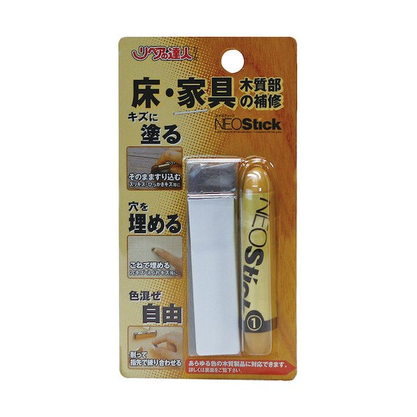 特徴 家具やフローリング、ドア、柱、建具など木製品のキズ補修に。 塗る、埋めるでカンタン補修。 指先で練り合わせて、色混ぜが簡単。 補修部の肉痩せや変色が無く、耐久性バツグン。 ネオスティック同士の色混ぜができ、補修部の色に合わせて補修が可...