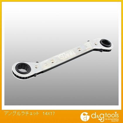 特徴 ラチェット機構で作業効率がアップします。 六角ボルト・ナットの締付け、緩め作業。 左右回転切替えスイッチは指で瞬時に操作できます。 立ち上がり角度25度のラチェットレンチです。 ●サイズ:14mm・17mm。 ●ギア数:20山(送り角...