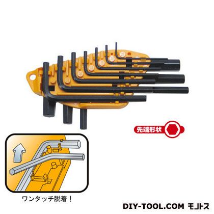 特徴 ●特長 ・収納や持ち運びに便利なホルダ付の六角棒レンチ10本セット品です。 ●用途 ・六角穴付ねじの締め付け、ゆるめに ●材質 ・本体:Cr-V ●仕様 ・組数(本):10 ・サイズ(mm):1.5、2.0、2.5、3.0、4.0、5...