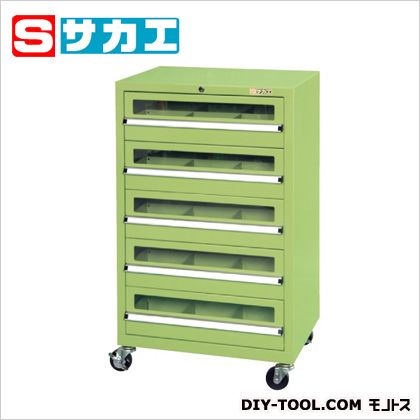 特徴 部品や工具を目で見て管理 ●外寸：W600×D450×H1000mm ●カラー：サカエグリーン ●質量：55kg ●キャスター：75φゴム車（ストッパー付2個） ●引出内寸法：W508×D338×H154mm ●セット内容（付属品）：...