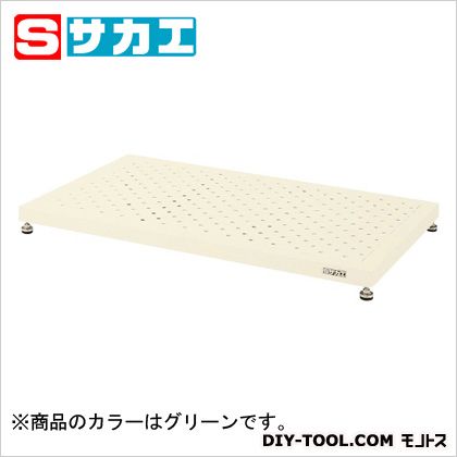 特徴 踏台部分にはすべり止め加工をしています。 ●外寸：W1200×D750×H90〜110mm ●カラー：サカエグリーン ●均等耐荷重：150kg ●質量：20kg ●アジャスター：防振タイプ ネジ径M12×P1.75 ●踏台部分にはすべ...