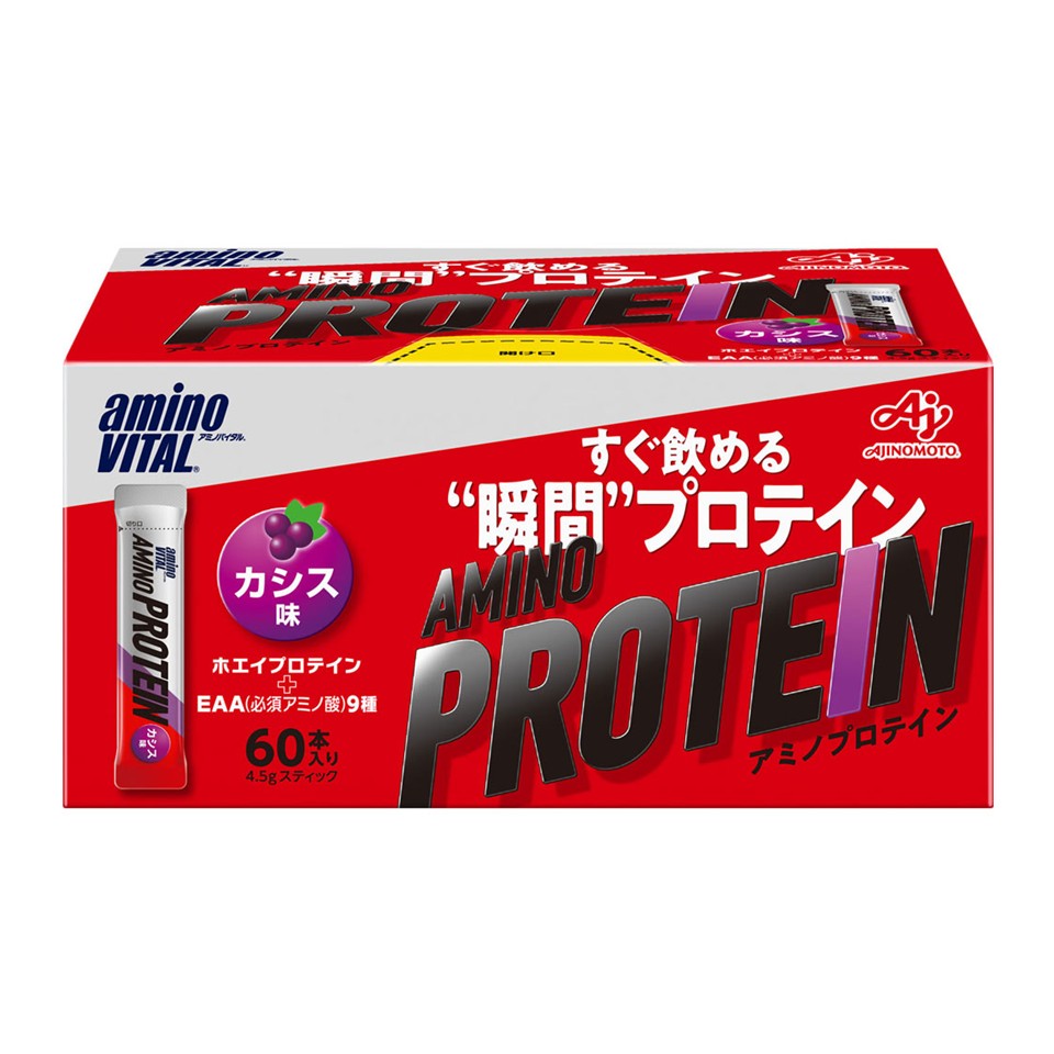 製品について ブランド 味の素 アイテム 1個 味の素 アミノバイタル アミノプロテイン カシス味 60本入 必須アミノ酸 ホエイプロテイン JAN 4901001379781 生産国 日本 内容量 60本入 原材料名 ホエイたんぱく（乳成...
