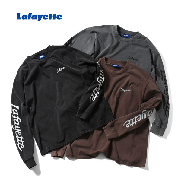 Lafayette Sleeve Logo Washed L/S Tee COLOR / BROWN , GRAY , BLACK WASH加工 × クラックプリントのヴィンテージライク長袖Tシャツ WASH加工による味わい深い色落ちと、ク...