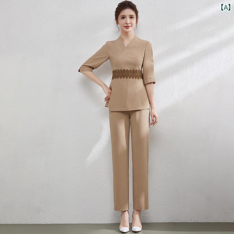 エステ ユニフォーム パンツ 美容院 フットバス 技術者 制服 レディース 夏 エレガント 美容師 ヘルスクラブ フットマッサージ セットアップ サロン スパ Vネック シンプル 五分袖 キャメル 緑素材: ポリエステルエステ ユニフォーム...