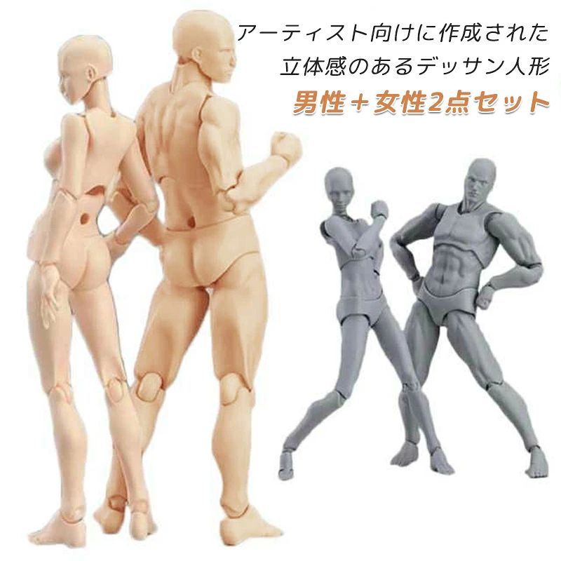 アーティスト向けに作成された立体感のあるデッサン人形。 男性＋女性2点セット可動域が広く、目的のポーズが簡単に作成でき、様々な角度から観察してデッサンすることが可能。人間に近い骨格と筋肉を再現しており、作画の練習等にぴったりです。イラストや...