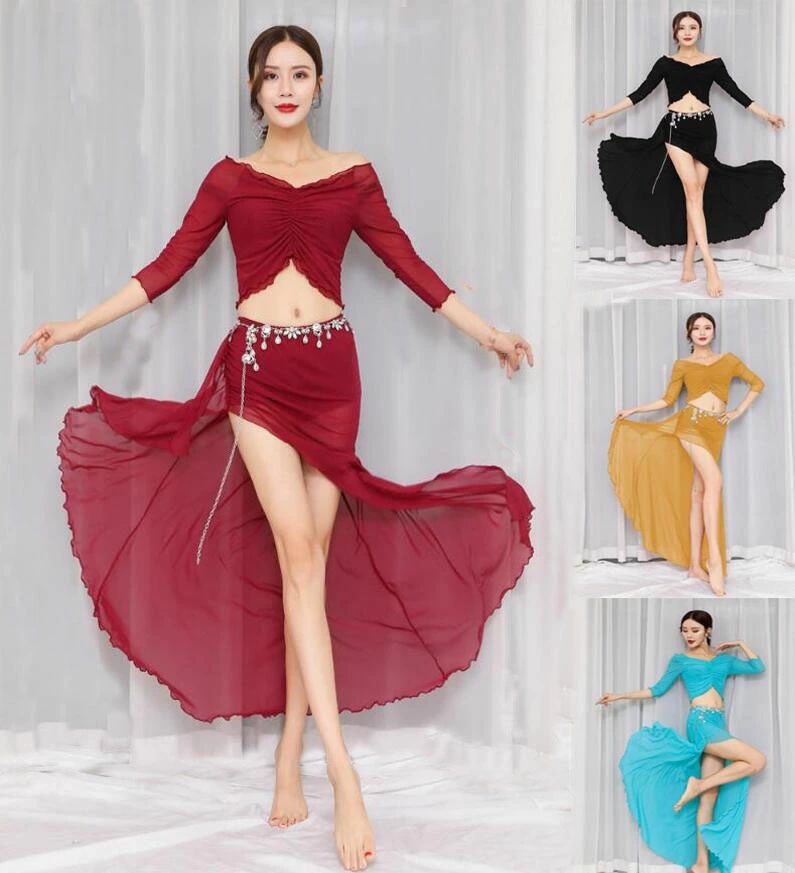 　 2021年新作　ベリーダンス衣装　ダンスウェア　セットアップ シースルー生地にきらきらラメ入、セクシーなダンス衣装 サイズ： S：バスト70　トップス丈35　袖丈40　ウエスト56　スカート丈94 M：バスト74　トップス丈35　袖丈4...