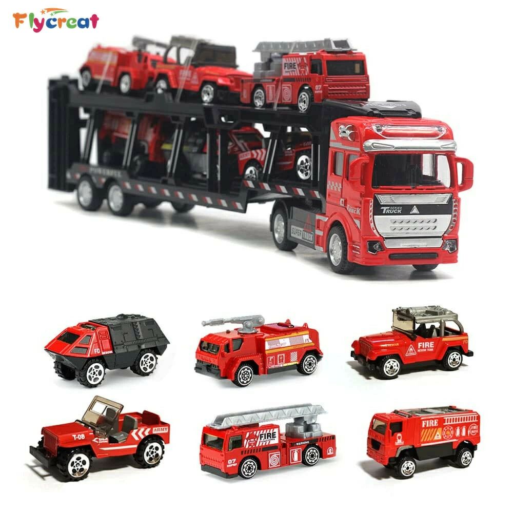 【1:48の割合の大型キャリーカー】細部と装飾は現実の消防車両の外観を模倣しています。車体を後ろに引いて手を離すと、勢いよく前進します！パトカー、ハシゴ車、消防車など消防車両セットを載せて、消防のテーマが豊富です。【学習と遊び】消防車両のお...