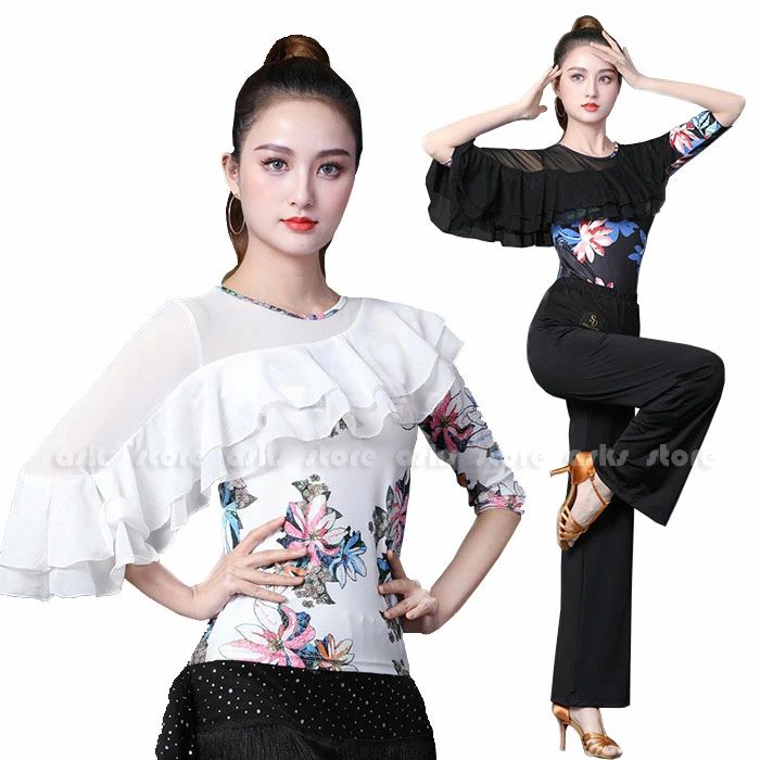 商品名 レディースダンストップス 色 ホワイト・ブラック サイズ M：着丈約50cm　適用バスト78-83cm　適用身長150-160cm　適用体重42-50kg L：着丈約51cm　適用バスト82-87cm　適用身長155-165cm　適...