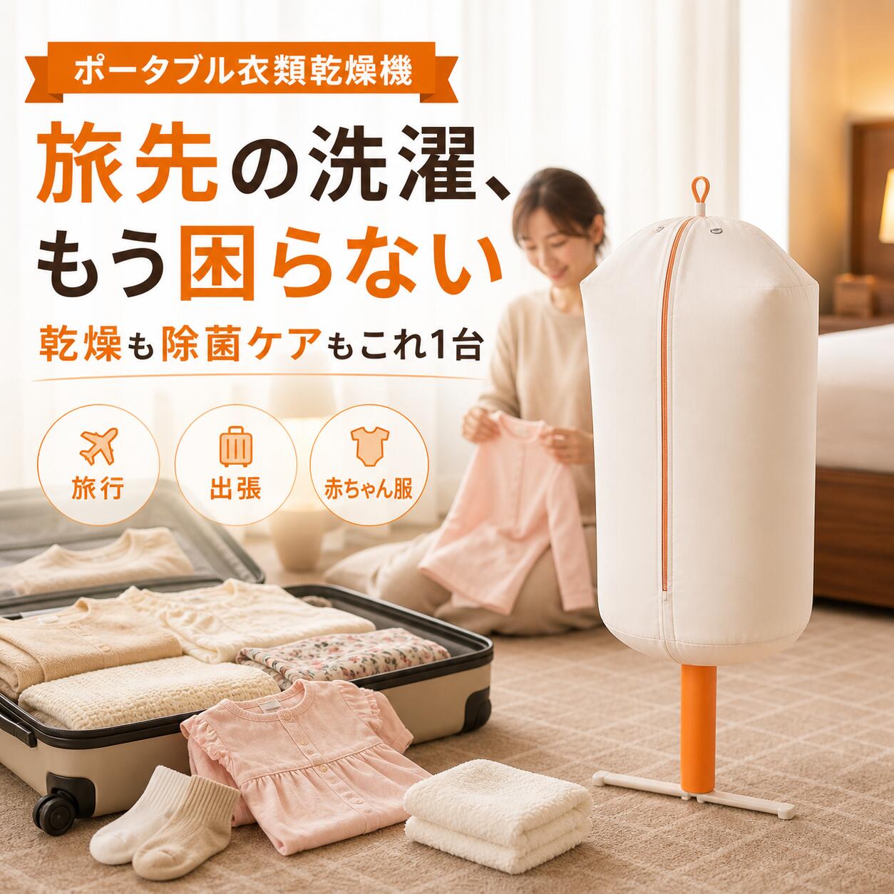 SNSで話題のキッズトラベルです！ 【用途】 旅行・出張・赤ちゃん専用・肌着用除菌 【カラー】 ホワイト・オレンジ 【商品説明】 新世代軽量乾燥機 乾燥だけじゃなく、除菌もできます。 360゜立体温風循環で内側までしっかりムラなく乾燥してく...