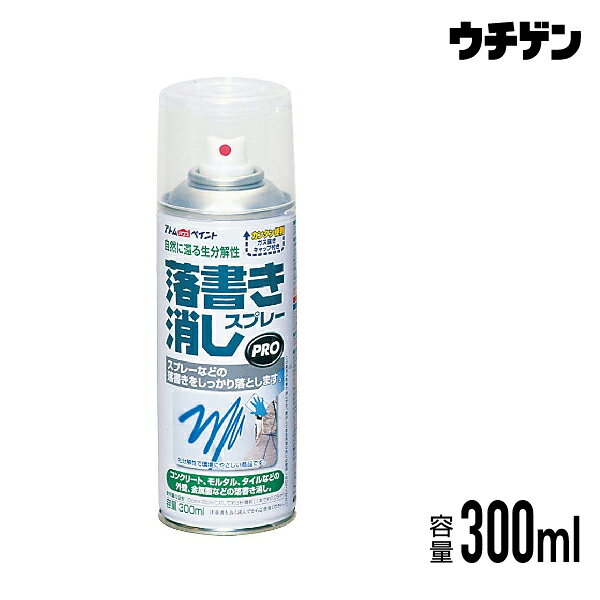 商品詳細 商品名 落書き消しスプレー　300ml 内容量 300ml 色数 用途 ●コンクリート、モルタル、タイル、大理石、金属面（鉄、トタン等） ●外壁、ガードレール等 特徴 ●スプレーなどの落書きをしっかり落とします。 ●自然に還る生分...
