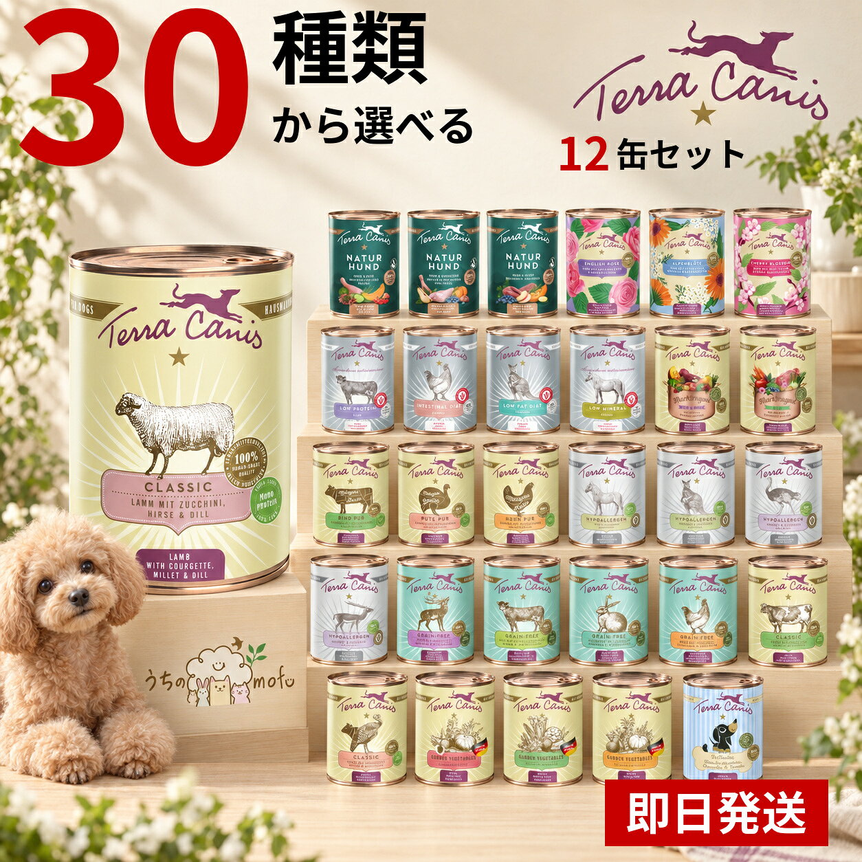 ドイツのプレミアムペットフードブランド「テラカニス（Terra Canis）」が展開する10シリーズ・全30種類の缶詰から、お好きな組み合わせをお選びいただけるページです。12缶の組み合わせは、下記30種類から自由にお選びいただけます（同じ...
