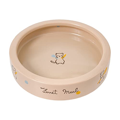 開口部を内側に丸めた返し付きで、フードがこぼれにくいフェレット用の浅型食器。【特徴】●開口部を内側に丸めた返し（カエシ）がフードのこぼれを防ぐ●浅型で底が平らなため、ひっくり返されにくい●陶土製で重みがある●外側と底にフェレットのイラストが...
