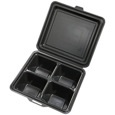●パルプモールド容器 ●規格：幅217×奥行200×高さ56mm【材質】紙／CPP（内） 【容量】ご飯　約150g【販売形態】折蓋型【形状】差込蓋 ●数量：1袋（25枚入り） ●レンジ対応 ●耐水・耐油性 ●色：ブラック ●柄：柄無 ●メー...