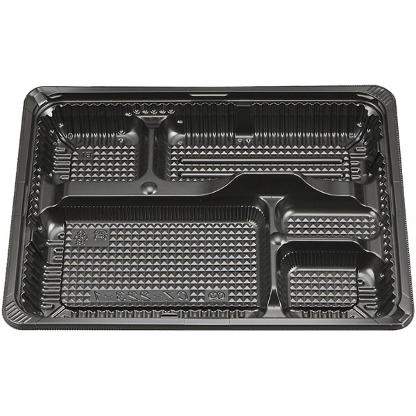 【規格内容】本体：幅258×奥行202×高さ31mm【容量】ご飯約200g【耐冷耐熱温度】100℃【販売形態】本体のみ【材質】BS【補足1】レンジOK、レンジ対応（本体のみ）【補足2】使い捨て【色】黒【柄】柄無【区画数】05／蓋：幅243×...