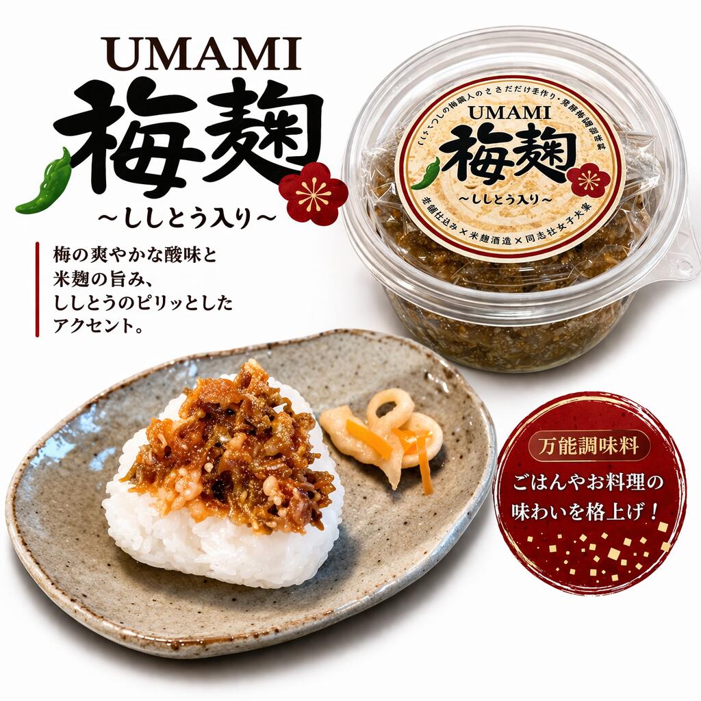 商品情報名称梅加工調味料原材料名米麹、本みりん、醤油、梅果実（京都府産）、醸造アルコール、ぶどう糖果糖液糖、ししとう内容量80g賞味期限別途商品ラベルに記載保存方法直射日光を避け、常温で保存してください。販売者青谷梅工房京都府城陽市中出垣内...