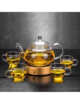 【中古】Tea Pots Flower Insulation Set Heat Resistant Glass with Filter Thermostat Treasure Heating Coaster (800ml Teacup 10...