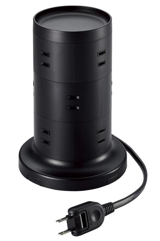 エレコム 電源タップ タワー型 延長コード [ 12個口 ] 固定パーツ付 雷ガード ほこりシャッター 2m ブラック TT-03-1220BK比較的小さな面積で設置ができ、360度あらゆる方向から接続できる12個の差込口を備えたタワー型の...
