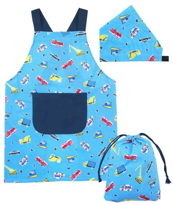 [ON NISHIKI] キッズエプロン 子供用 3点セット (エプロン 三角巾 巾着袋) 綿100％ 肌に優しい 男の子 着脱簡単 バッククロス ポケット付き 100cm-120cm/120cm-140cm【綿100％で肌に優しい】お子さ...
