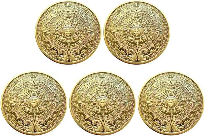 URUON マヤ文明 アステカカレンダー コイン メタル 記念 アートコイン 直径40mm (ゴールド) 5個入り